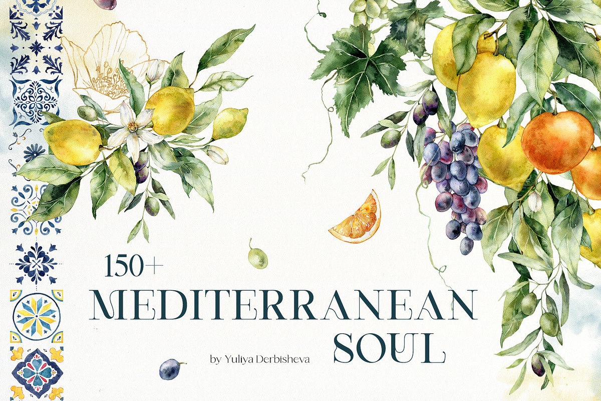 Mediterranean citrus tile watercolor - Grafik Yeah!